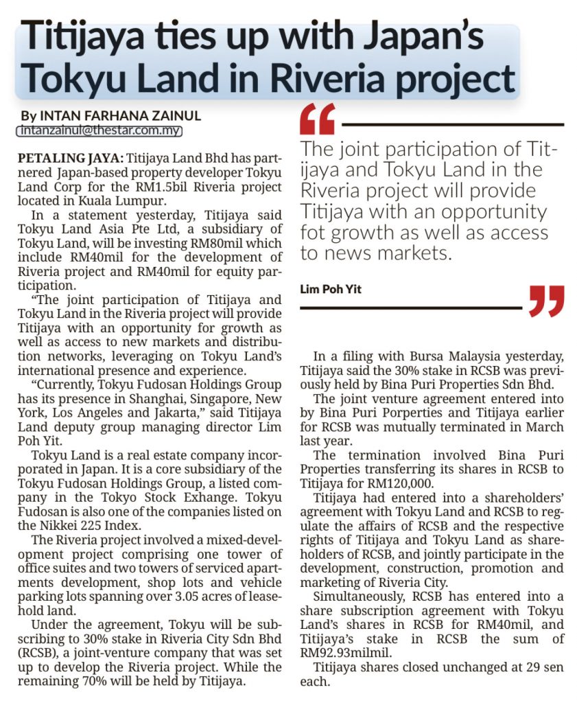 The Star Business – Titijaya Ties Up with Japan’s Tokyu Land in Riveria ...